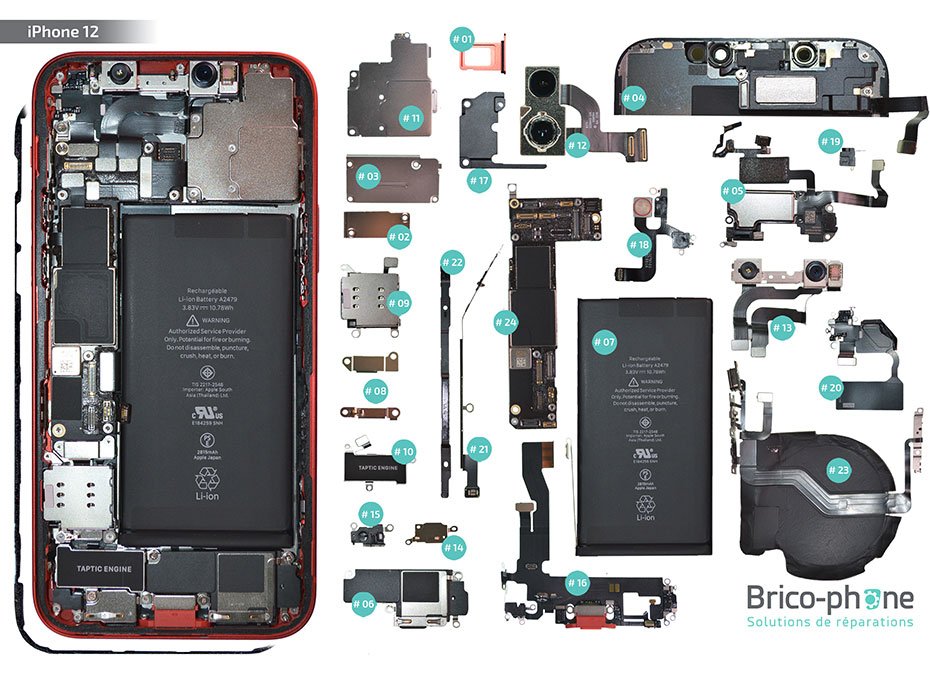 Vue éclatée des pièces détachées de l'iPhone 12